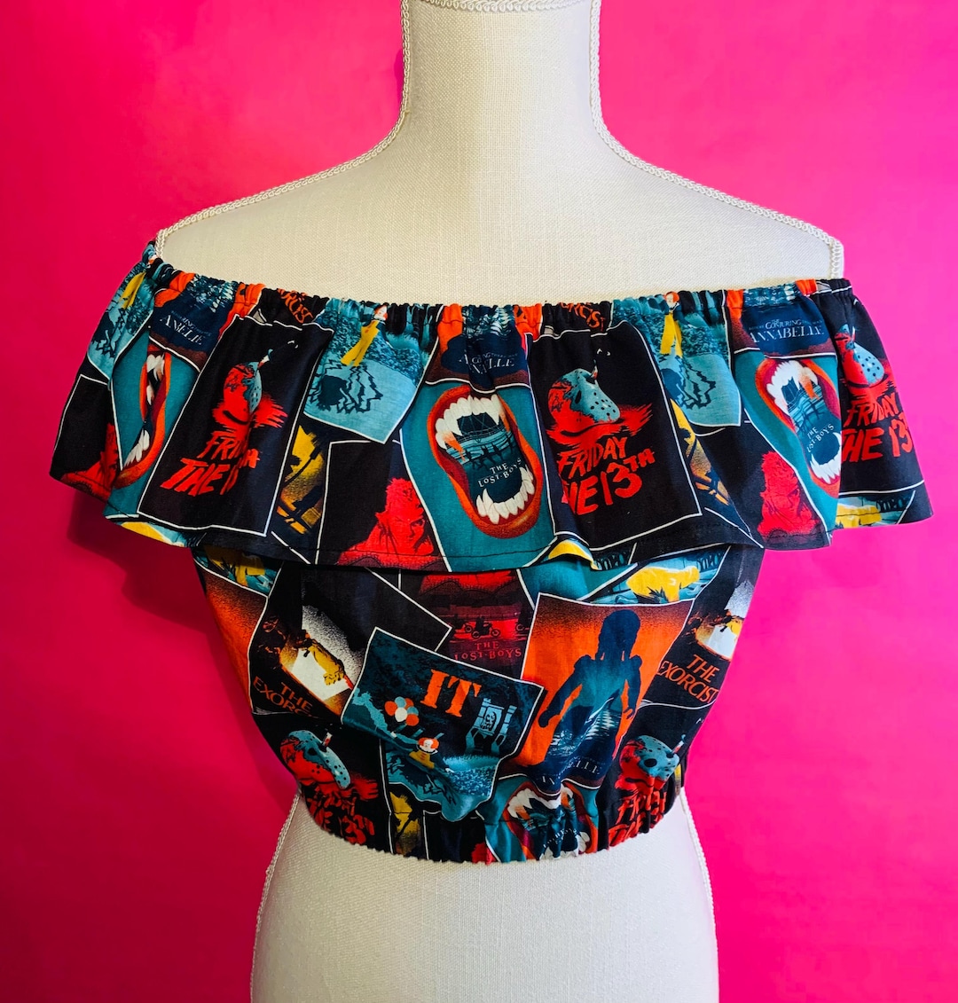 Horror Movies Pinup off Shoulders Ruffled Elasticized Cropped Top ...