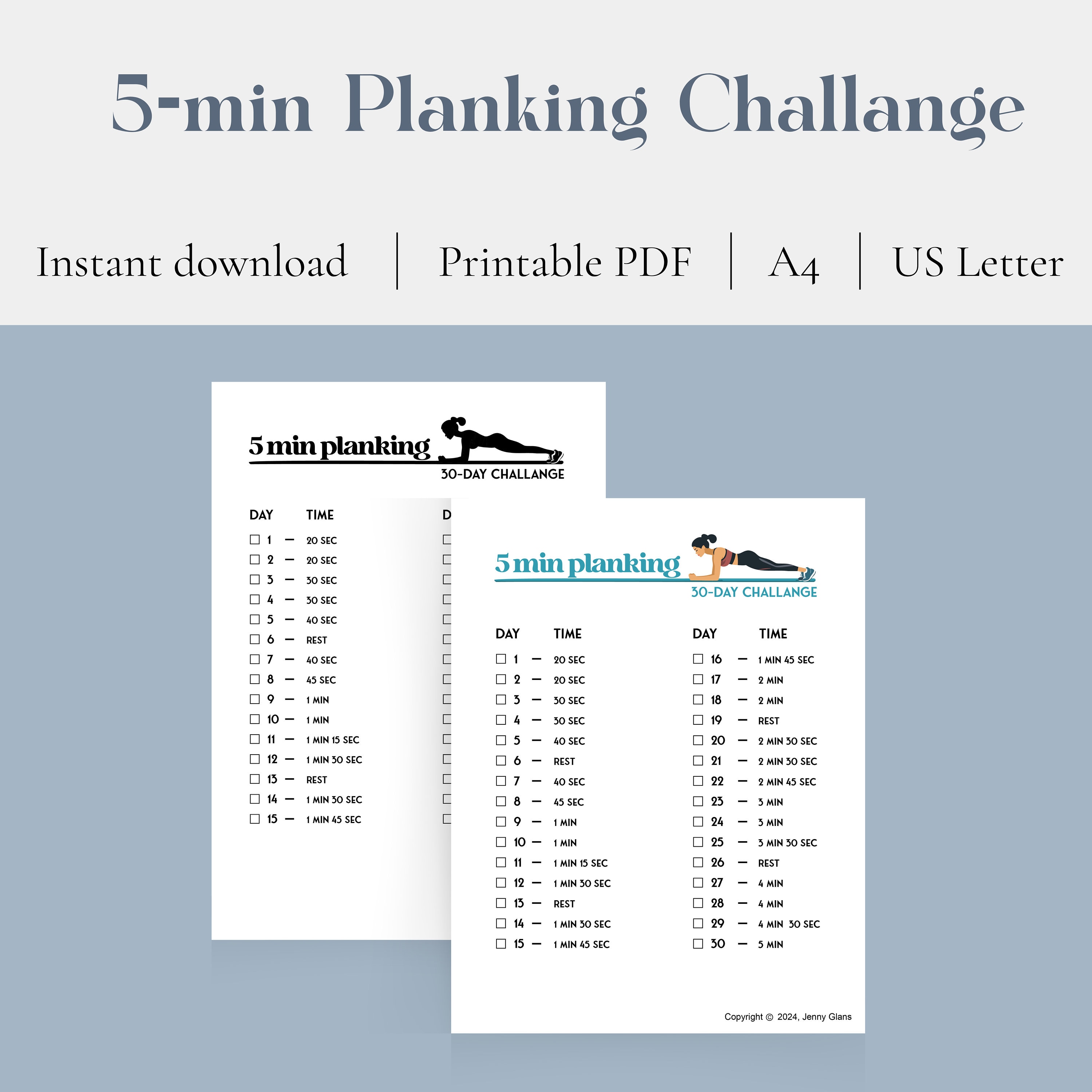 30-day Plank Challenge Printable - 5-minute Planking Goal | A4 and US ...