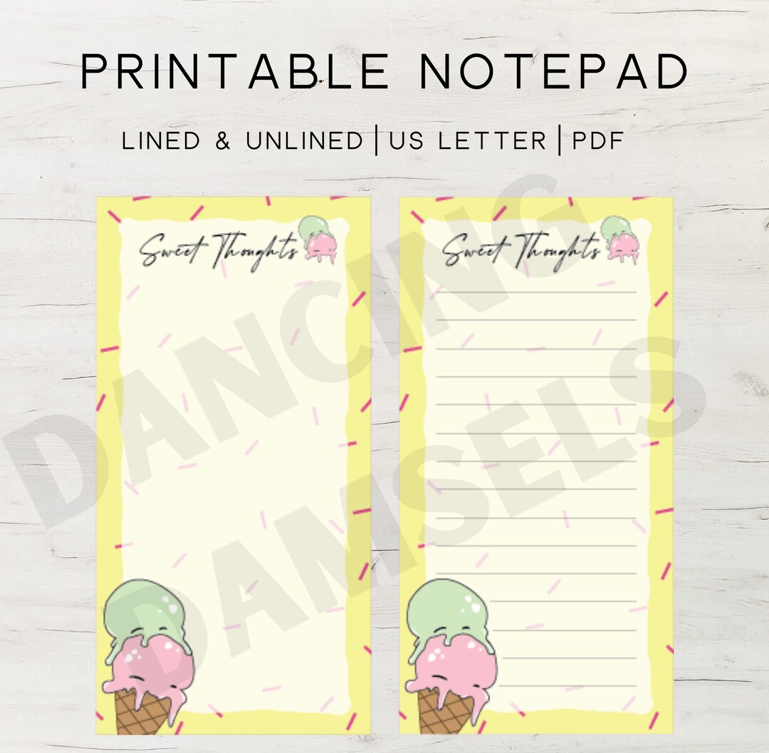 Printable Notepad, Lined Notepad, Unlined Notepad, Ice Cream Graphic ...