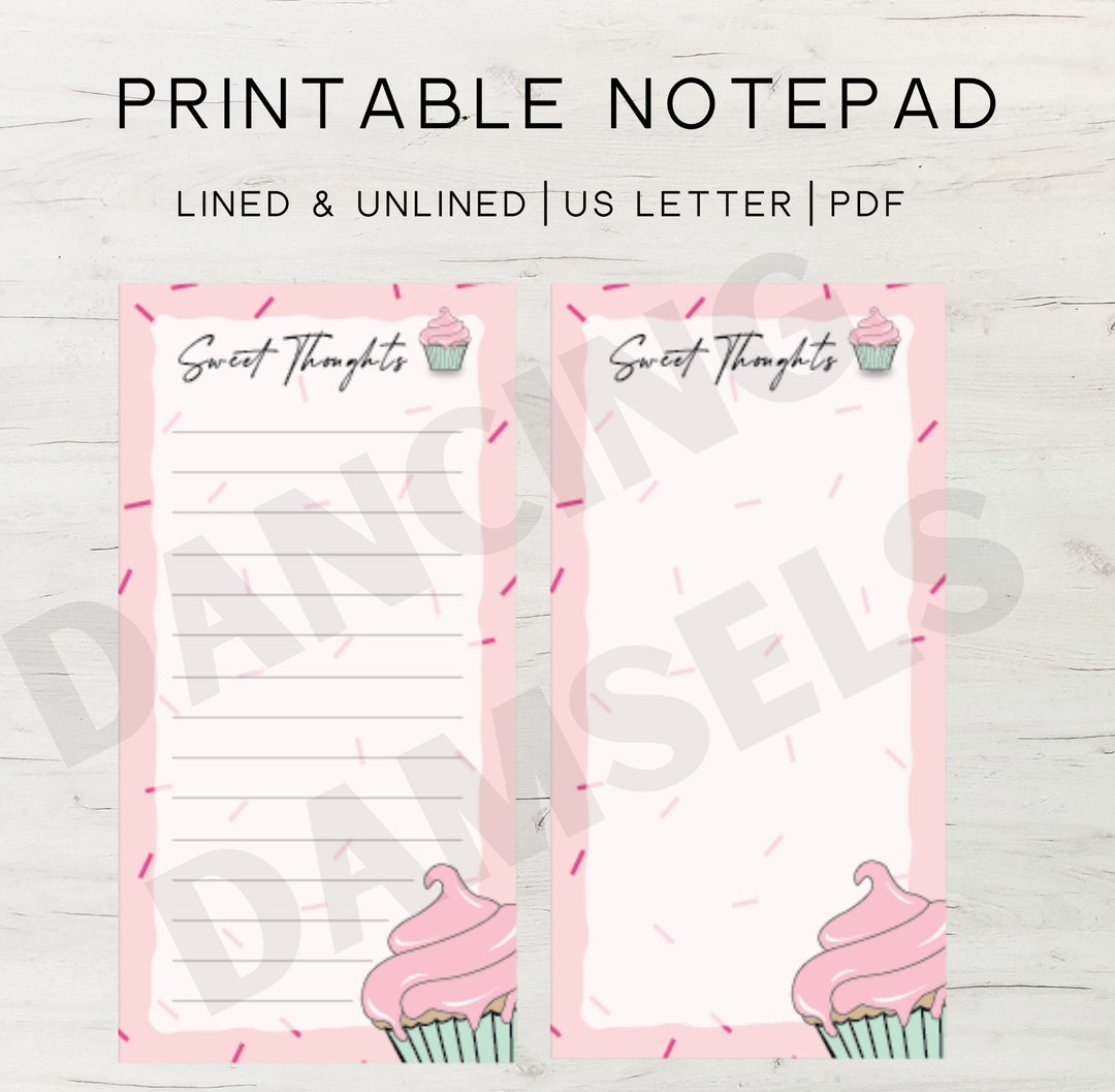 Printable Notepad, Lined Notepad, Unlined Notepad, Cupcake Graphic ...