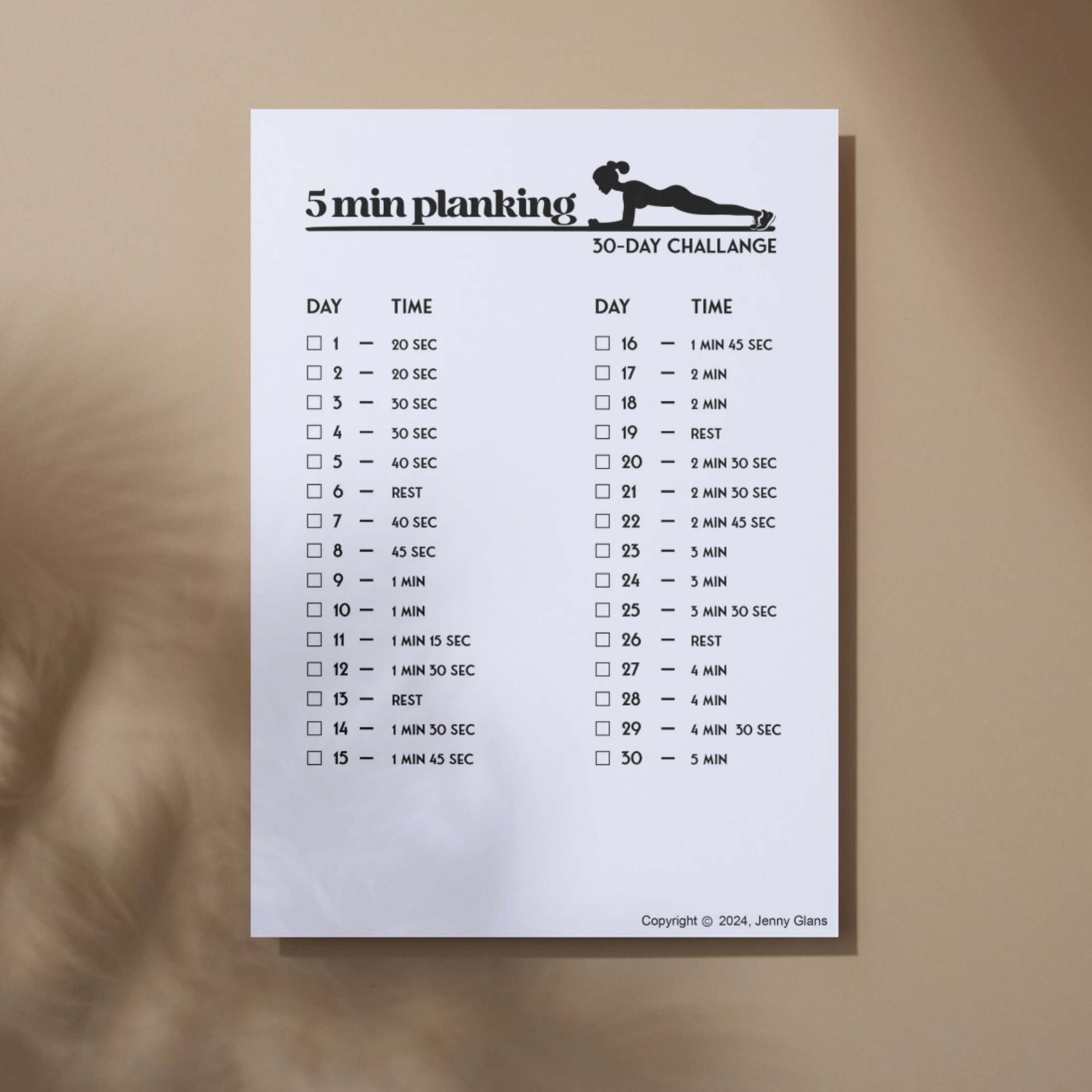 30-day Plank Challenge Printable - 5-minute Planking Goal | A4 and US ...
