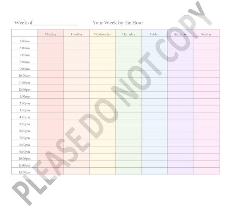 Your Week by the Hour, Rainbow Hourly Weekly Planner Printable ...