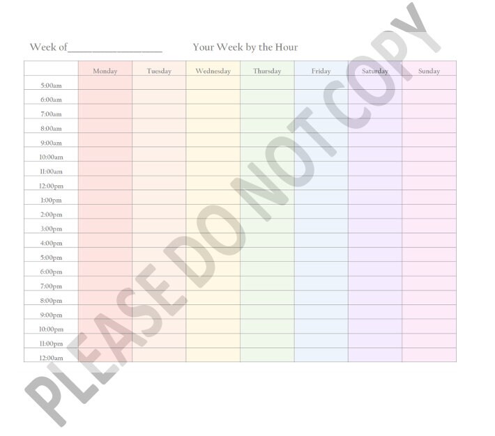 Your Week by the Hour, Rainbow Hourly Weekly Planner Printable ...
