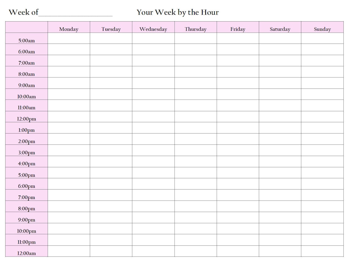 Your Week by the Hour Pink Hourly Weekly Planning Printable PDF Student ...