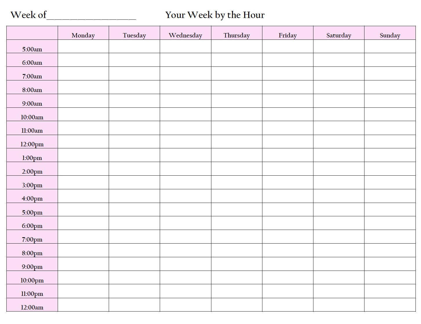 Your Week by the Hour Pink Hourly Weekly Planning Printable PDF Student ...