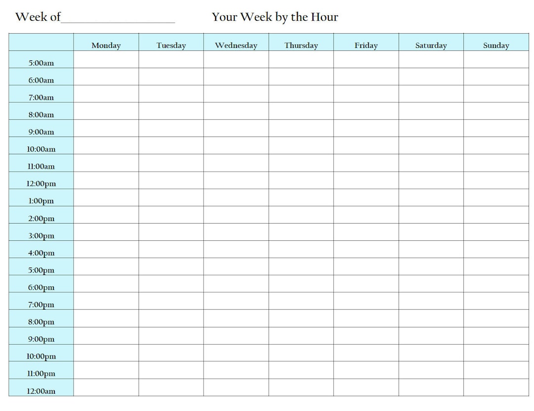 Your Week by the Hour Blue Color Hourly Weekly Planner Printable ...