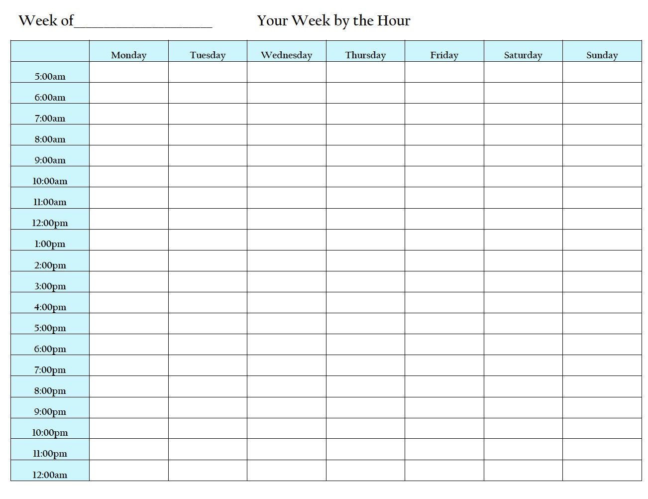 Your Week by the Hour Blue Color Hourly Weekly Planner Printable ...