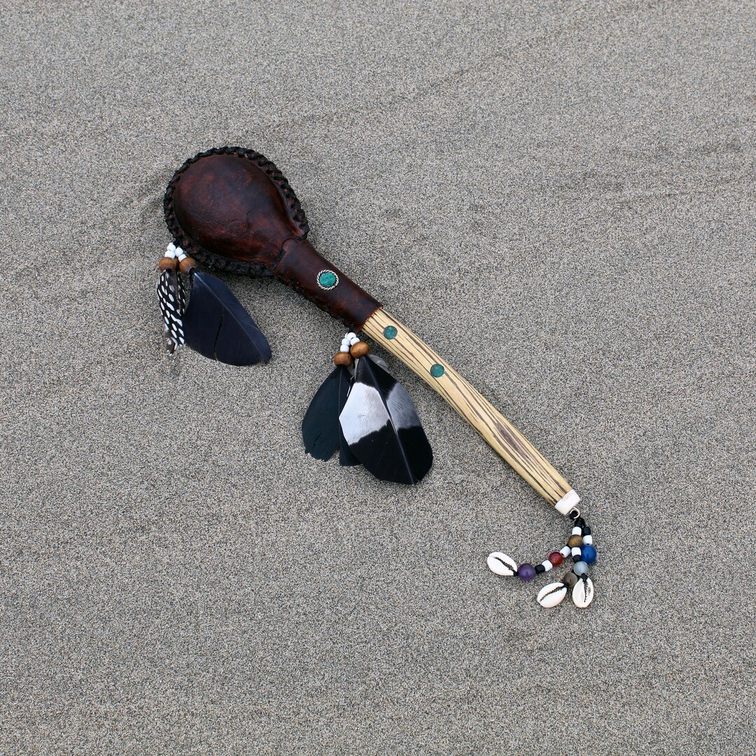 Peruvian Shamanic Rattle: Turquoise, Sea Shells, Feather, and Handle ...