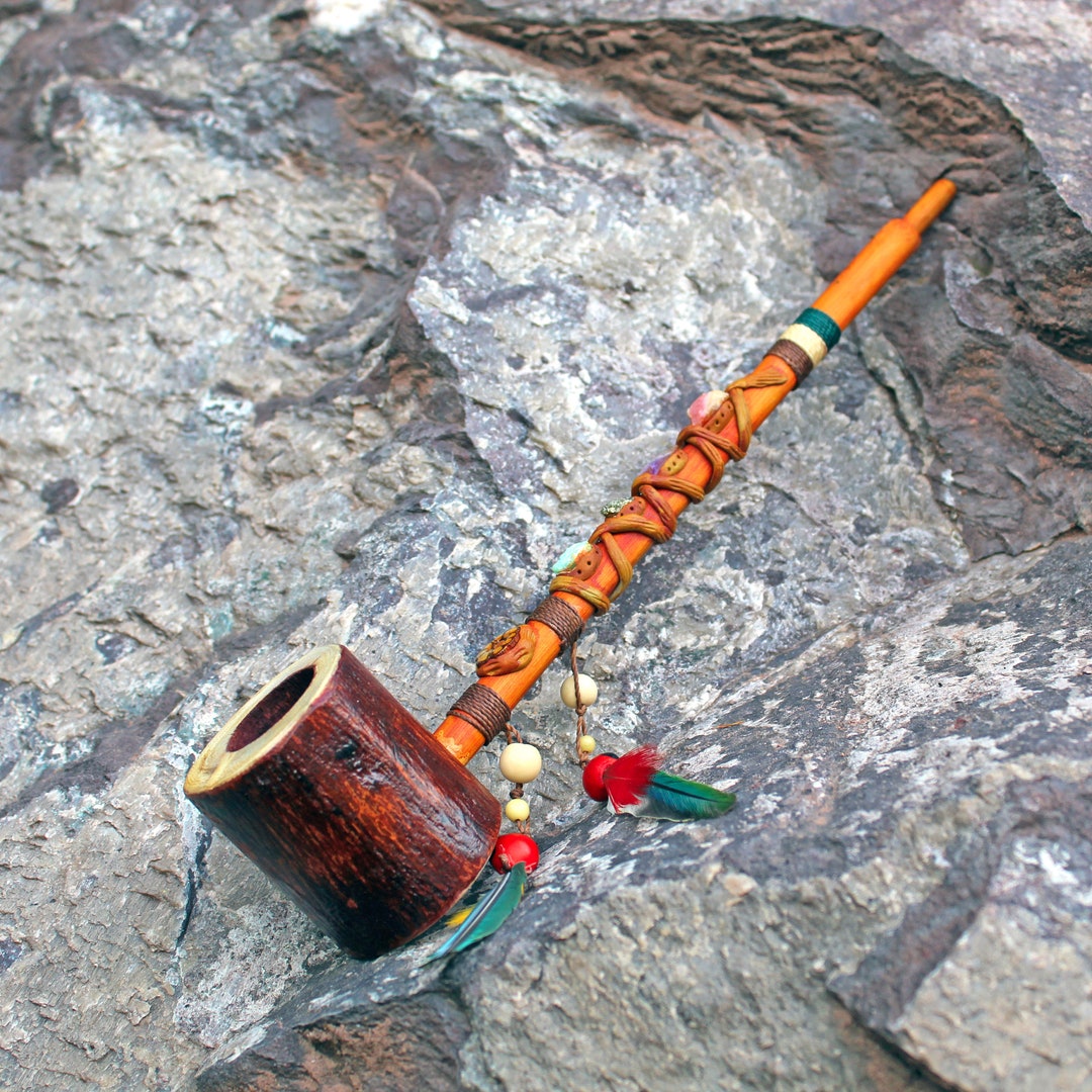 Ceremonial Pipe Calumet Made of Bamboo and Avocado Wood Decorated With ...