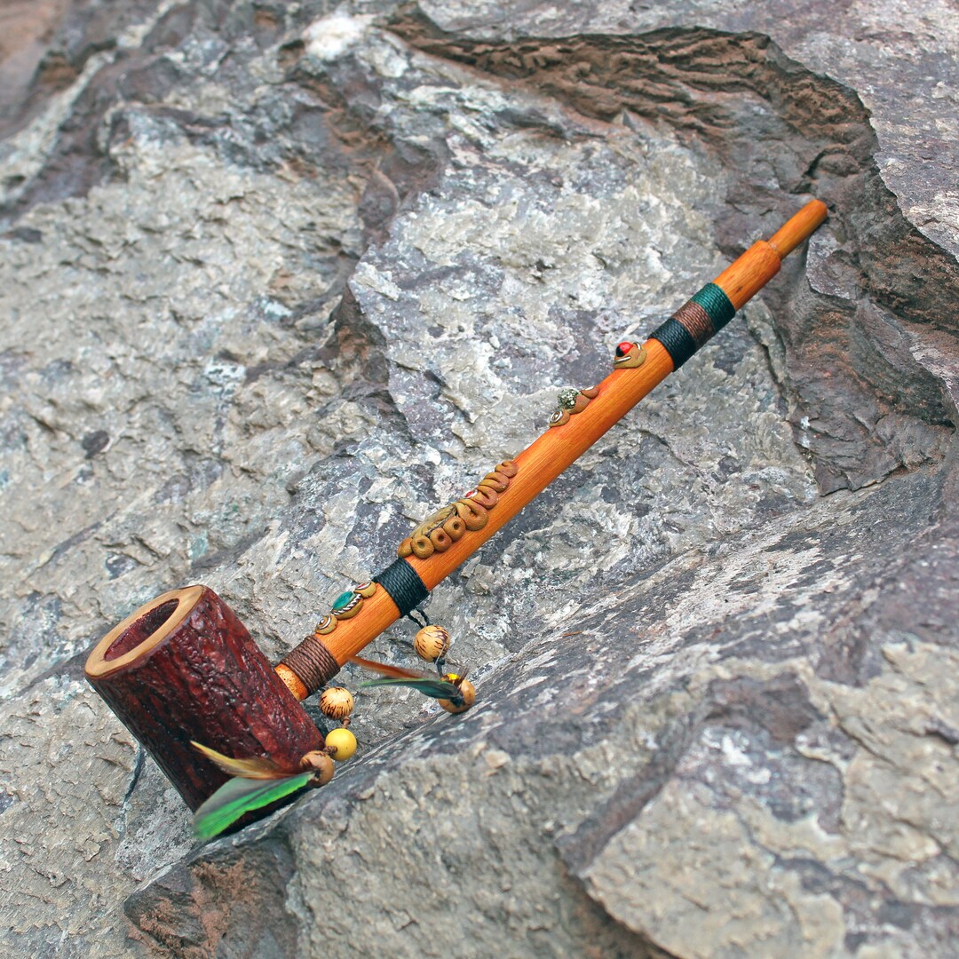 Ceremonial Pipe Calumet Made of Bamboo and Avocado Wood Decorated With ...