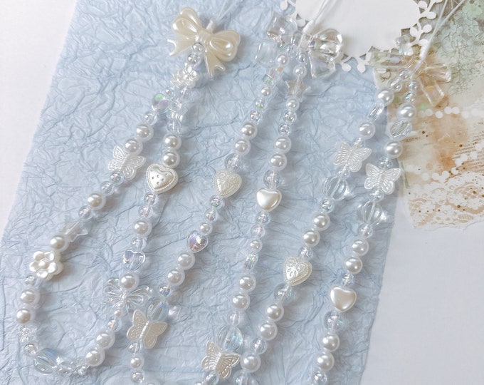 Cute Iridescent Pearl Butterfly Bow Heart Beaded Kawaii Keychain, Phone ...