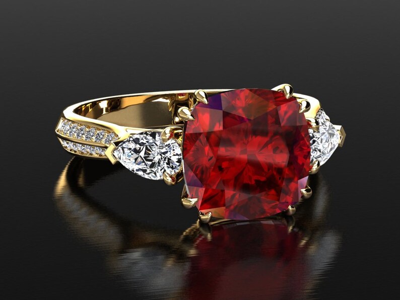 Ruby Engagement Ring Cushion Cut Ruby Ring 3 Stone | Etsy