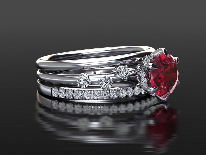 Modern Engagement Stack / Ruby Wedding Set / 3 Ring Stack / - Etsy