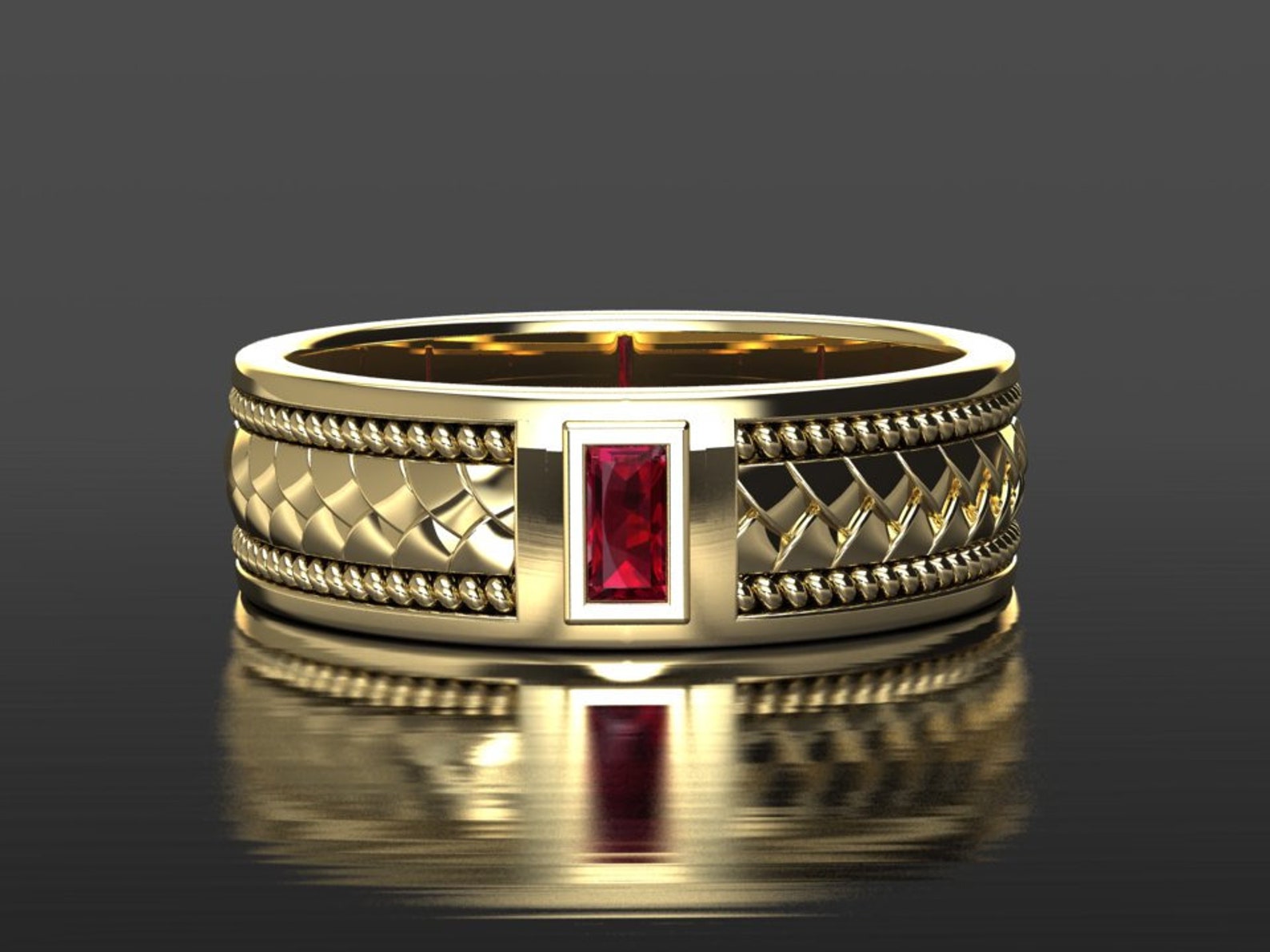 Mens Ruby Wedding Band, 14k or 18k Yellow Gold, 7mm Band, Braided ...