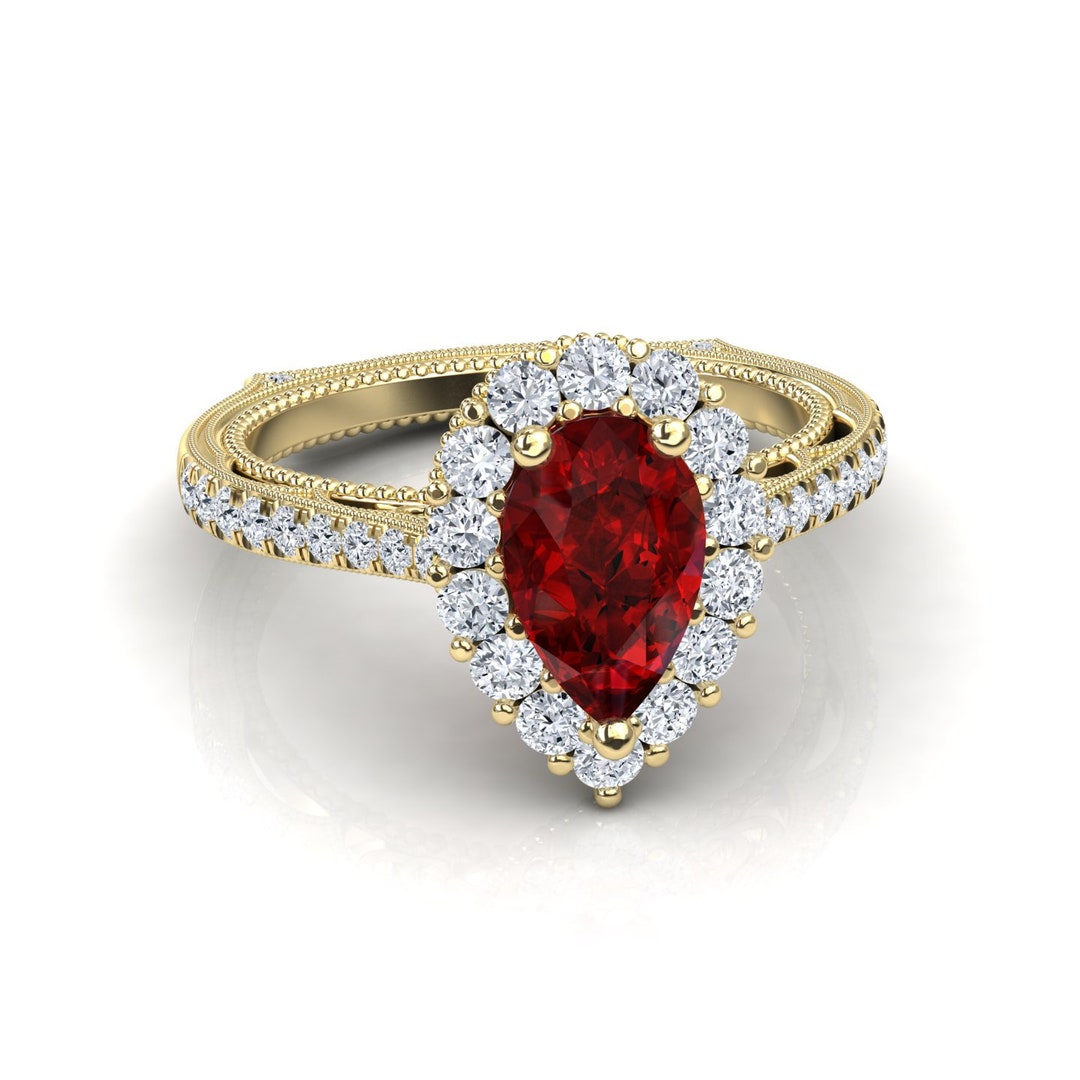 Pear Shape Ruby Engagement Ring and Wedding Band in 14k Solid Yellow ...