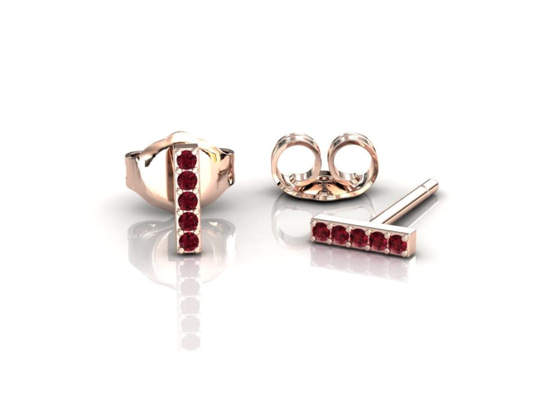 Rose Gold Ruby Bar Stud Earrings, 14k Solid Gold, Small Ruby Stud ...