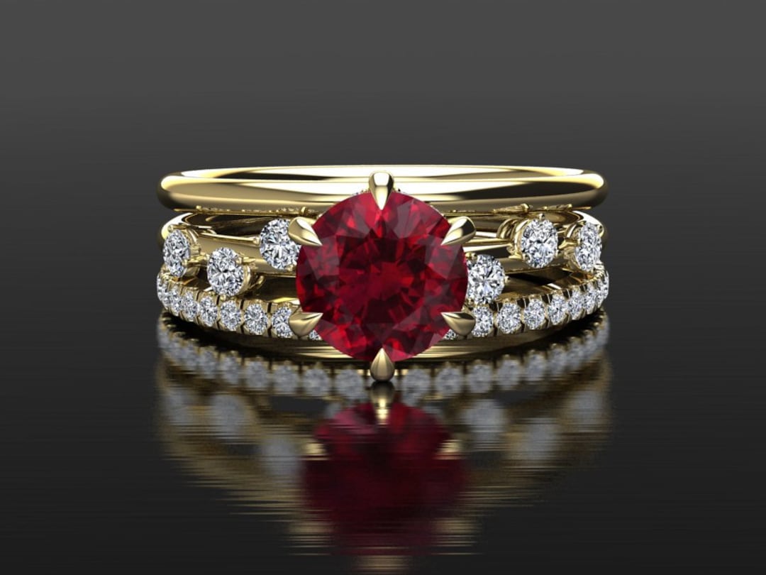 Modern Engagement Stack / Ruby Wedding Set / 3 Ring Stack / Solid Gold ...
