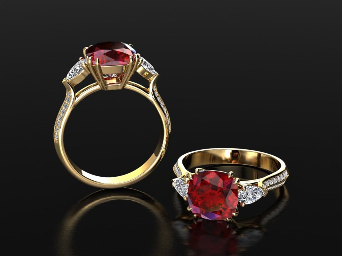 Ruby Engagement Ring Cushion Cut Ruby Ring 3 Stone | Etsy