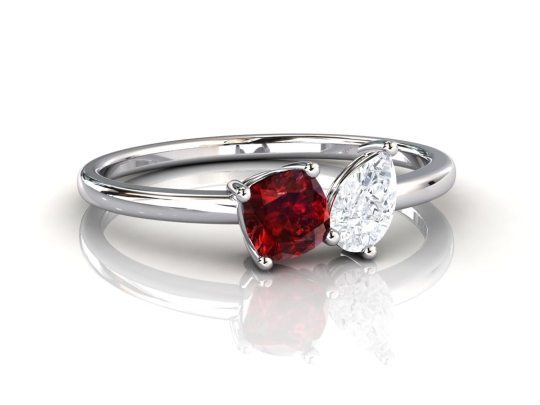 Solid Platinum Ruby Toi Et Moi Ring, Cushion Shape Ruby & Pear Moissanite Ring, Stacking Ring ...