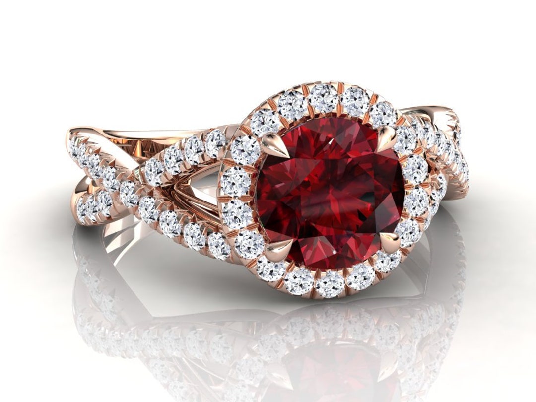 Rose Gold Ruby Engagement Ring Round Halo Engagement Ring Ruby Ring ...