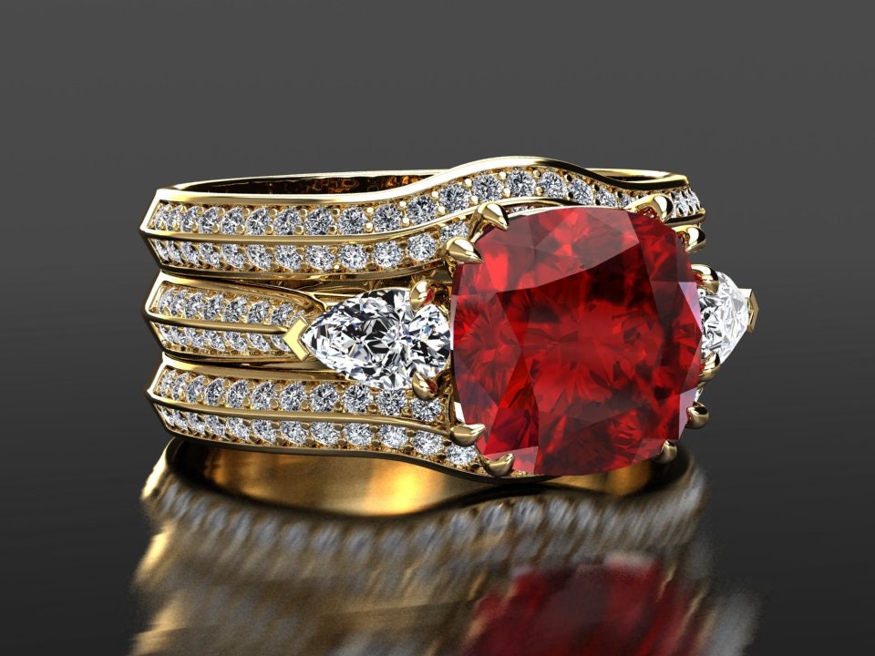 Ruby Engagement Ring Cushion Cut Ruby Ring 3 Stone | Etsy