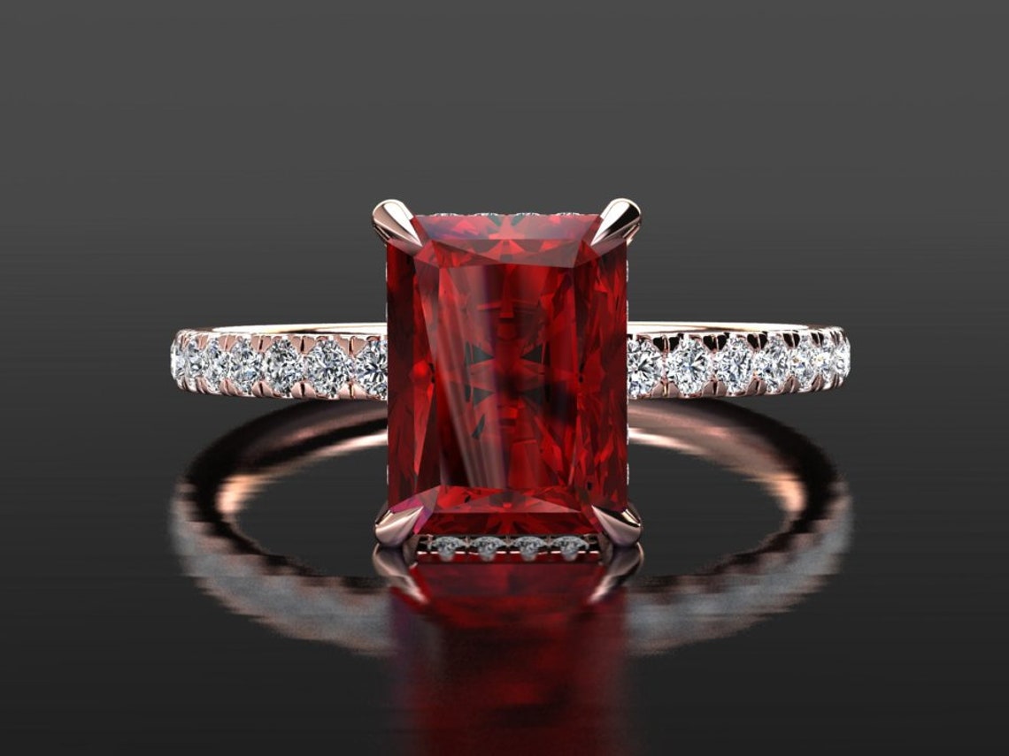 Ruby Diamond Ring Hidden Halo Engagement Ring Radiant Cut - Etsy