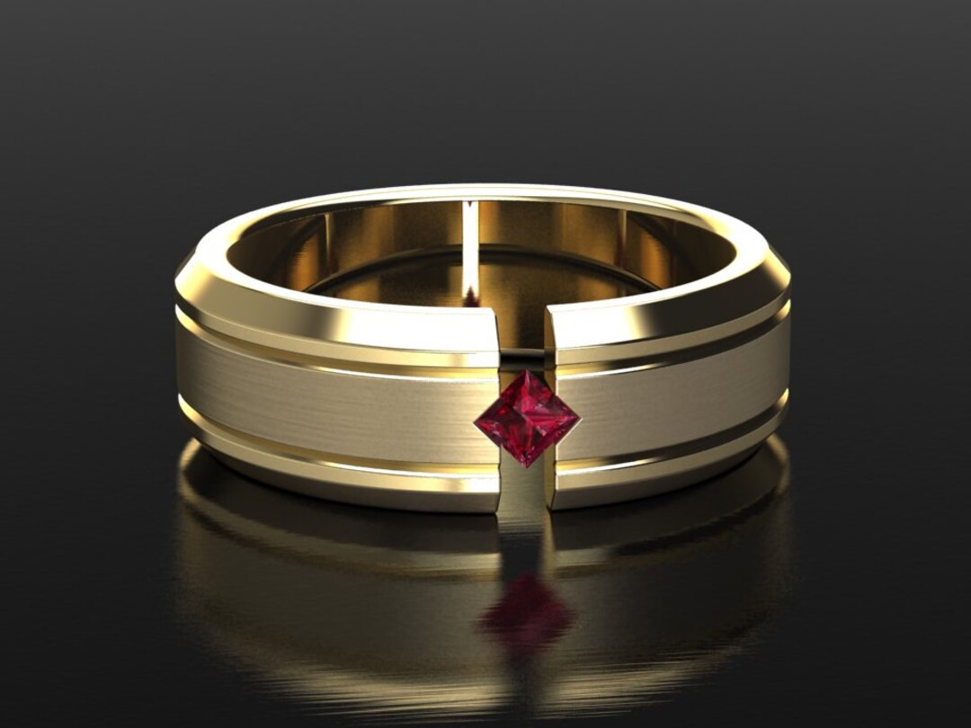 Mens Ruby Wedding Ring, Mens Wedding Band, 7mm Band, Princess Cut Ruby, Unisex, Mens Ruby ...