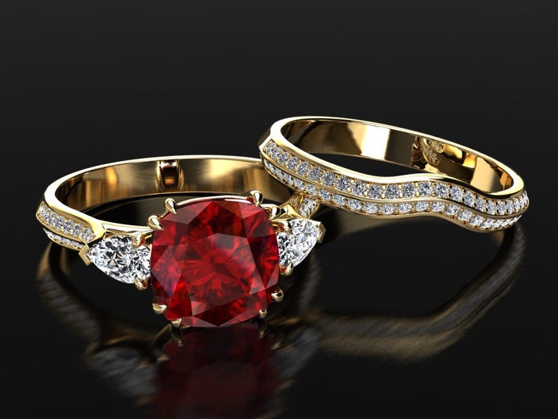 Ruby Engagement Ring Cushion Cut Ruby Ring 3 Stone - Etsy