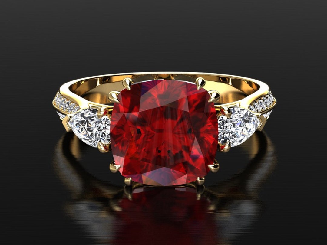 Ruby Engagement Ring | Cushion Cut Ruby Ring | 3 Stone Engagement ...