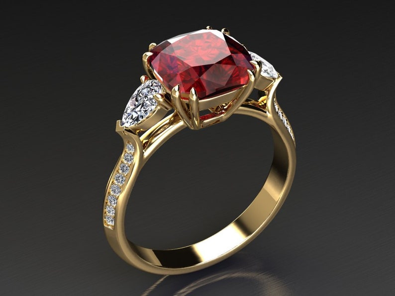Ruby Engagement Ring Cushion Cut Ruby Ring 3 Stone - Etsy