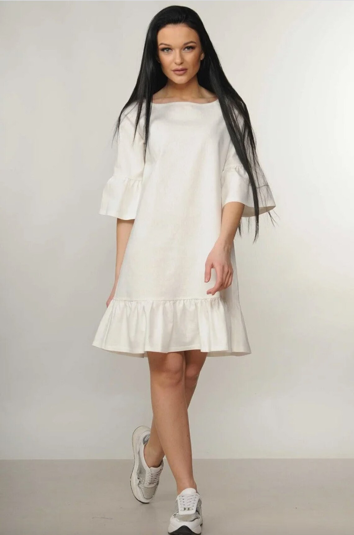 Linen Ruffle Dress, Linen Dress Midi, White Ruffle Dress Women, Natural ...