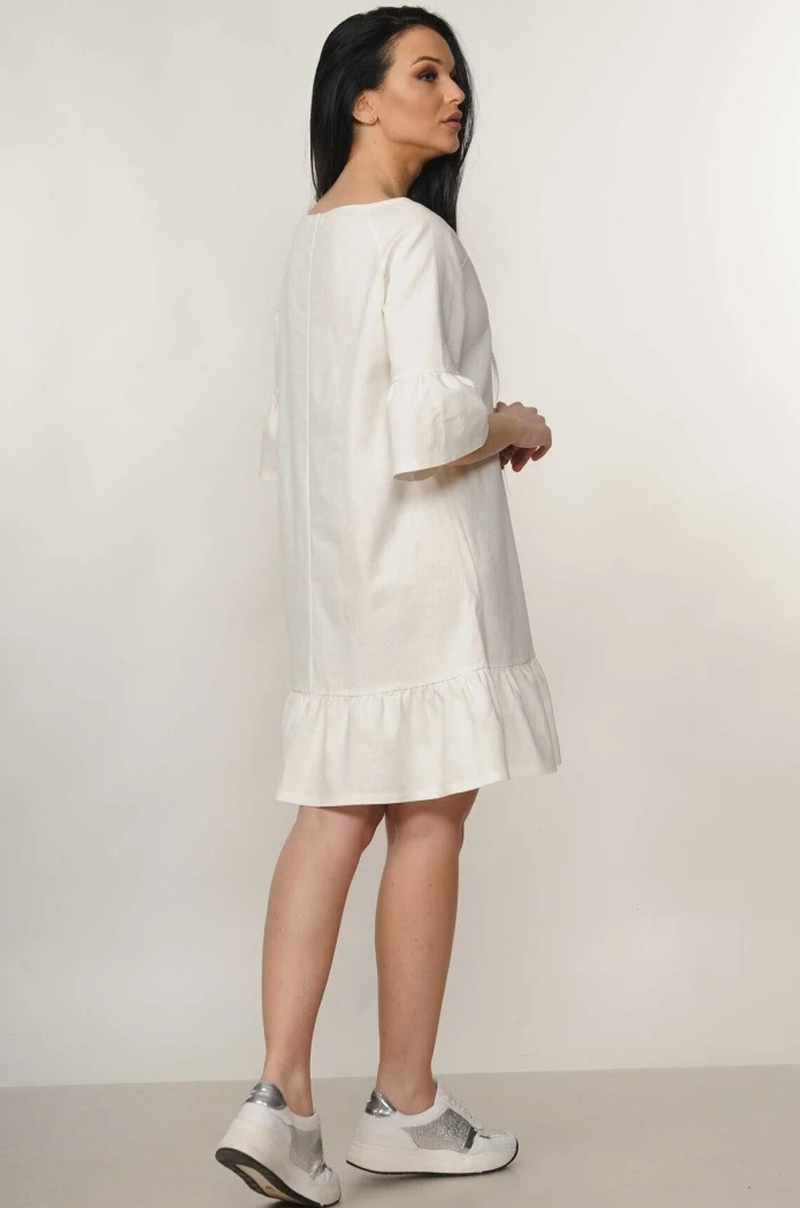 Linen Ruffle Dress, Linen Dress Midi, White Ruffle Dress Women, Natural ...