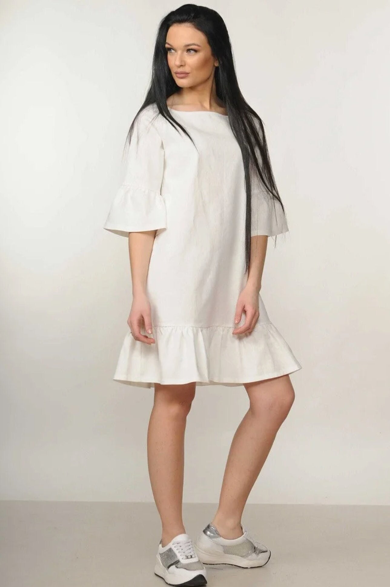 Linen Ruffle Dress, Linen Dress Midi, White Ruffle Dress Women, Natural ...