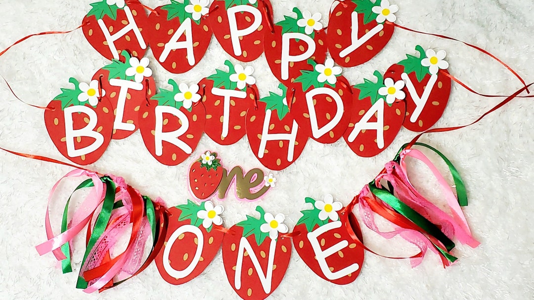Strawberry Happy Birthday Banner, Berry Garland, Strawberry Party Decor ...
