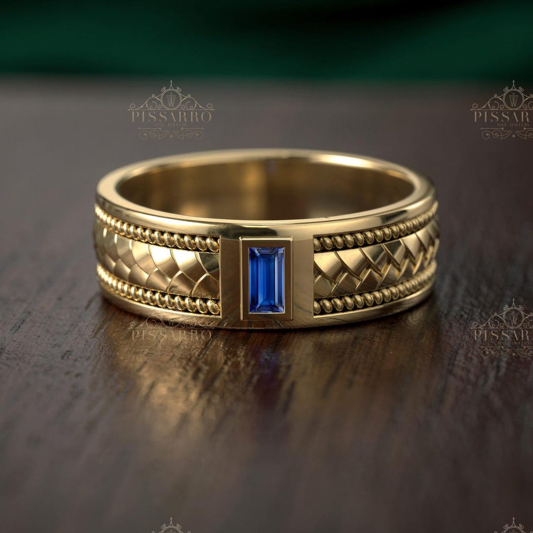 Blue Sapphire Men's Wedding Band, 6.5mm Width, Braided Wedding Ring ...