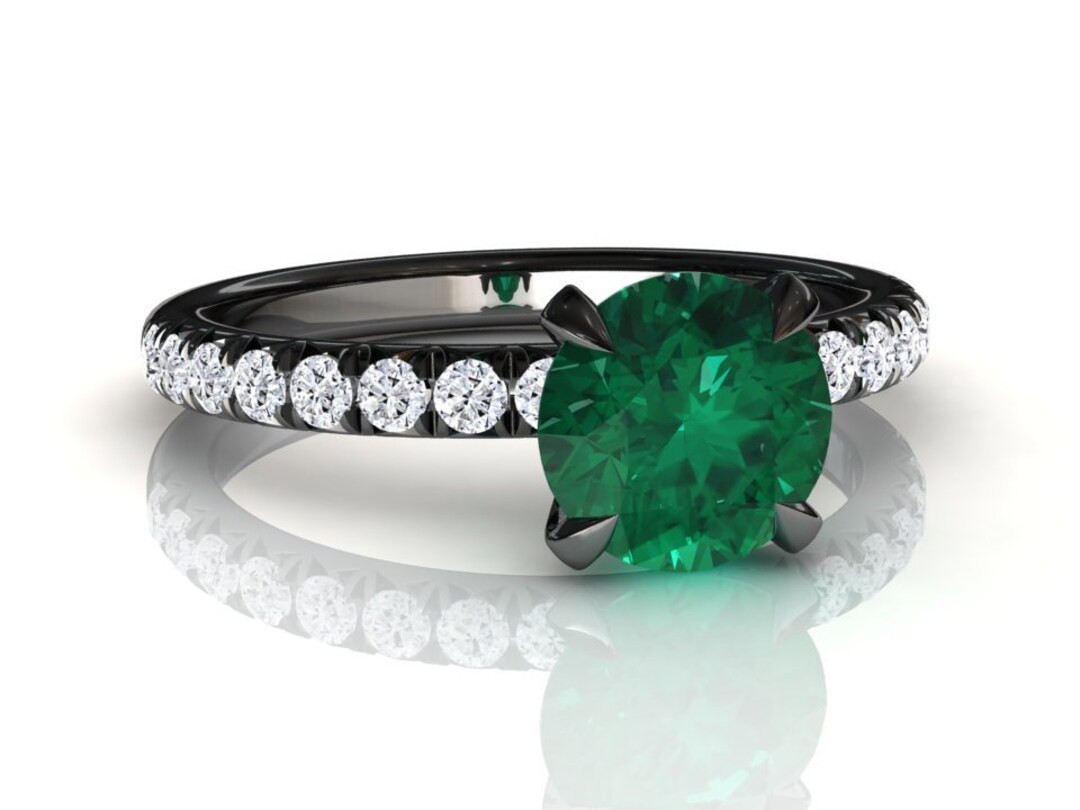 Emerald Engagement Ring, Pave Set Wedding Set, 14k or 18k Black Gold ...