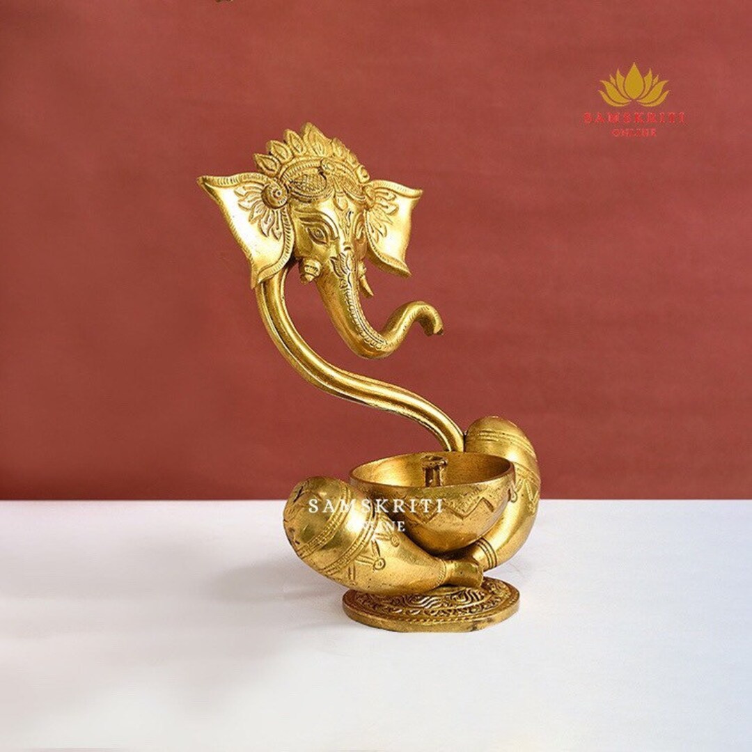 Brass Ganesh Diya With Stonework, 22 Cm Brass Oil Lamp With Ganesha ...