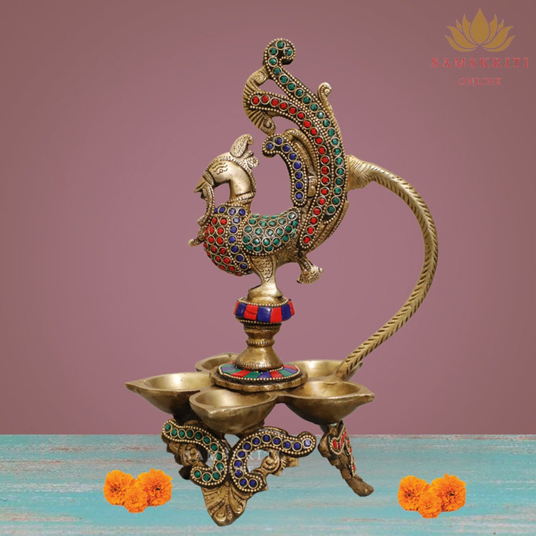 Brass Peacock Diya Stand, 28 Cm Large Annam Home Temple Diya, Handmade ...