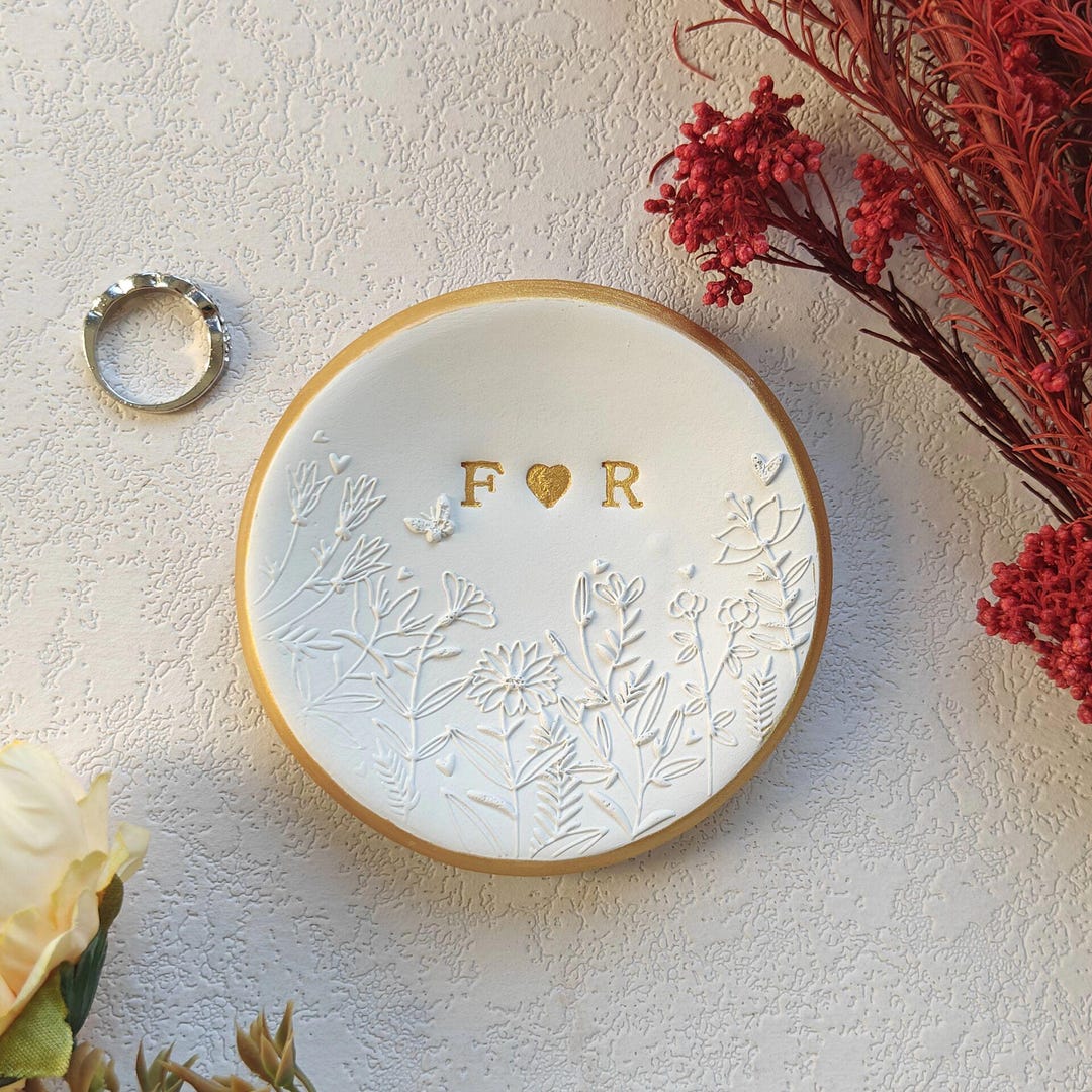 Custom Flower Garden Ring Dish, Custom Wedding Gift, Date and Initials, Wedding Gift, Engagement ...