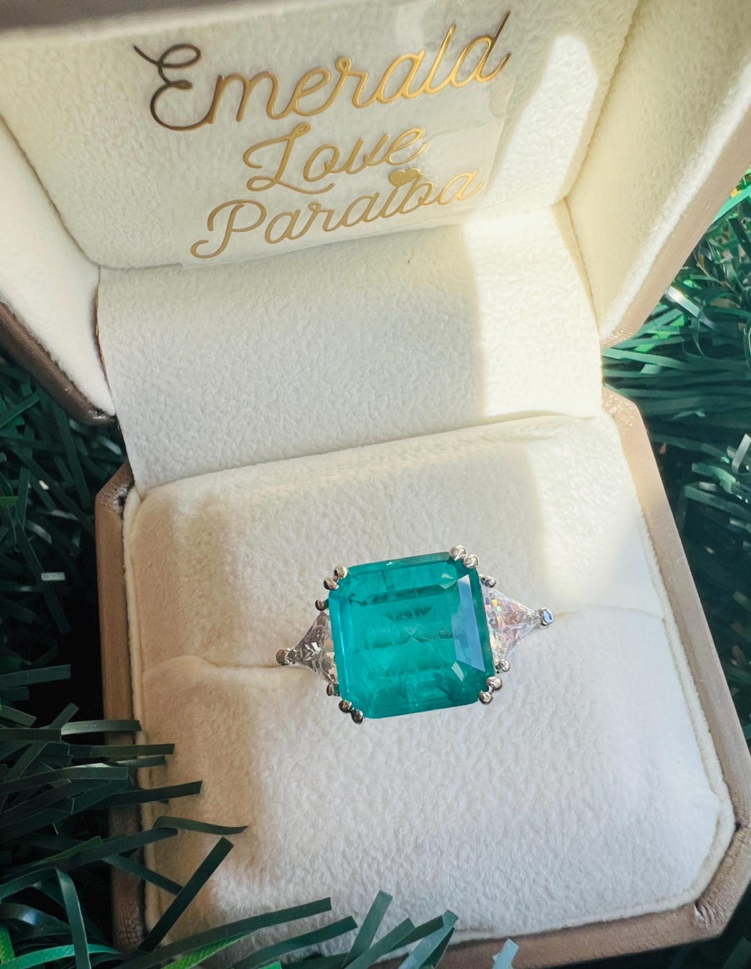 3 Carat EMERALD Cut Doublet RING Luxury Ractangle Vibrant Green Halo ...