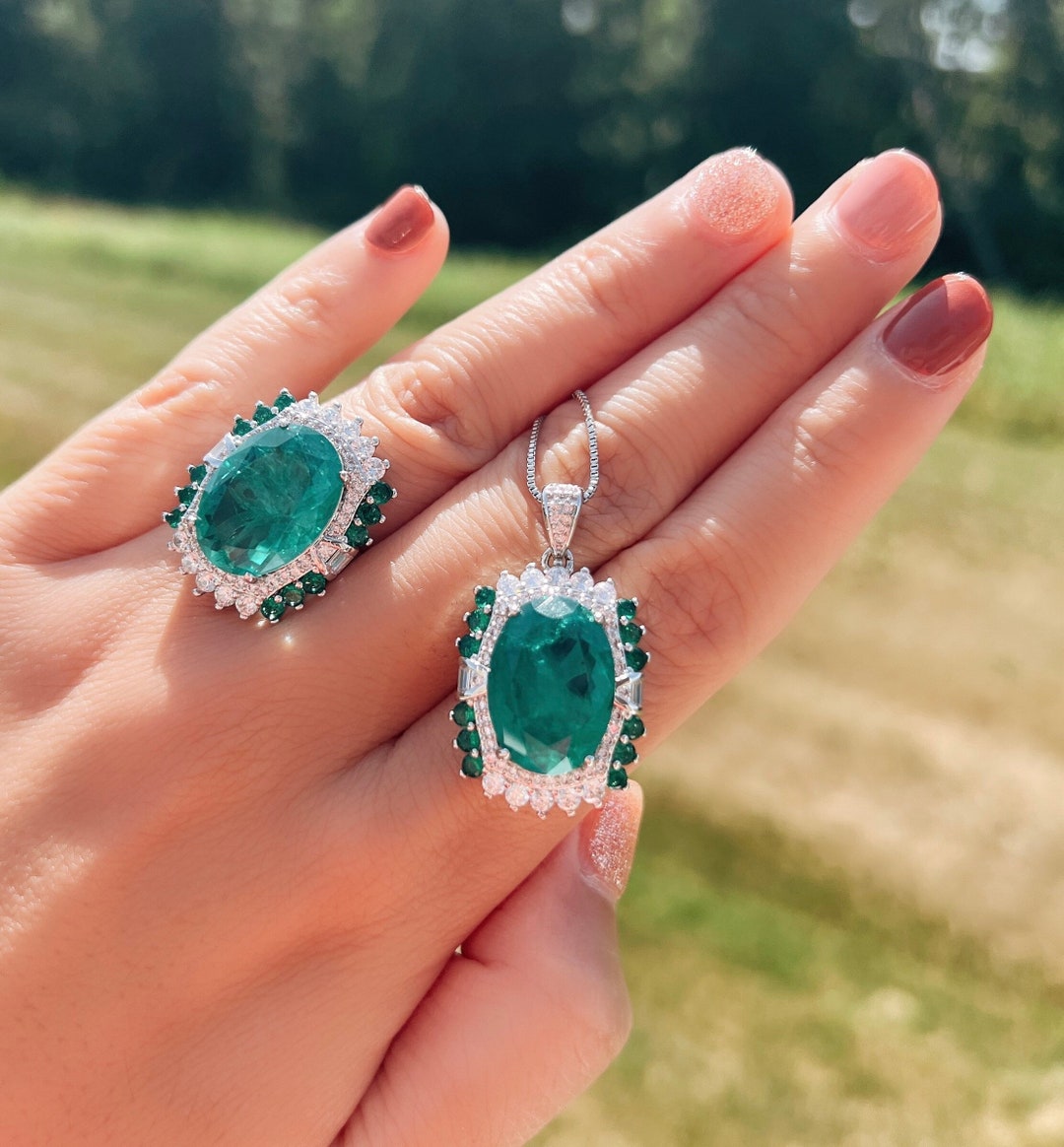 7ct Jumbo Size Emerald Green Jewelry Set Luxury Vibrant Green Emerald ...