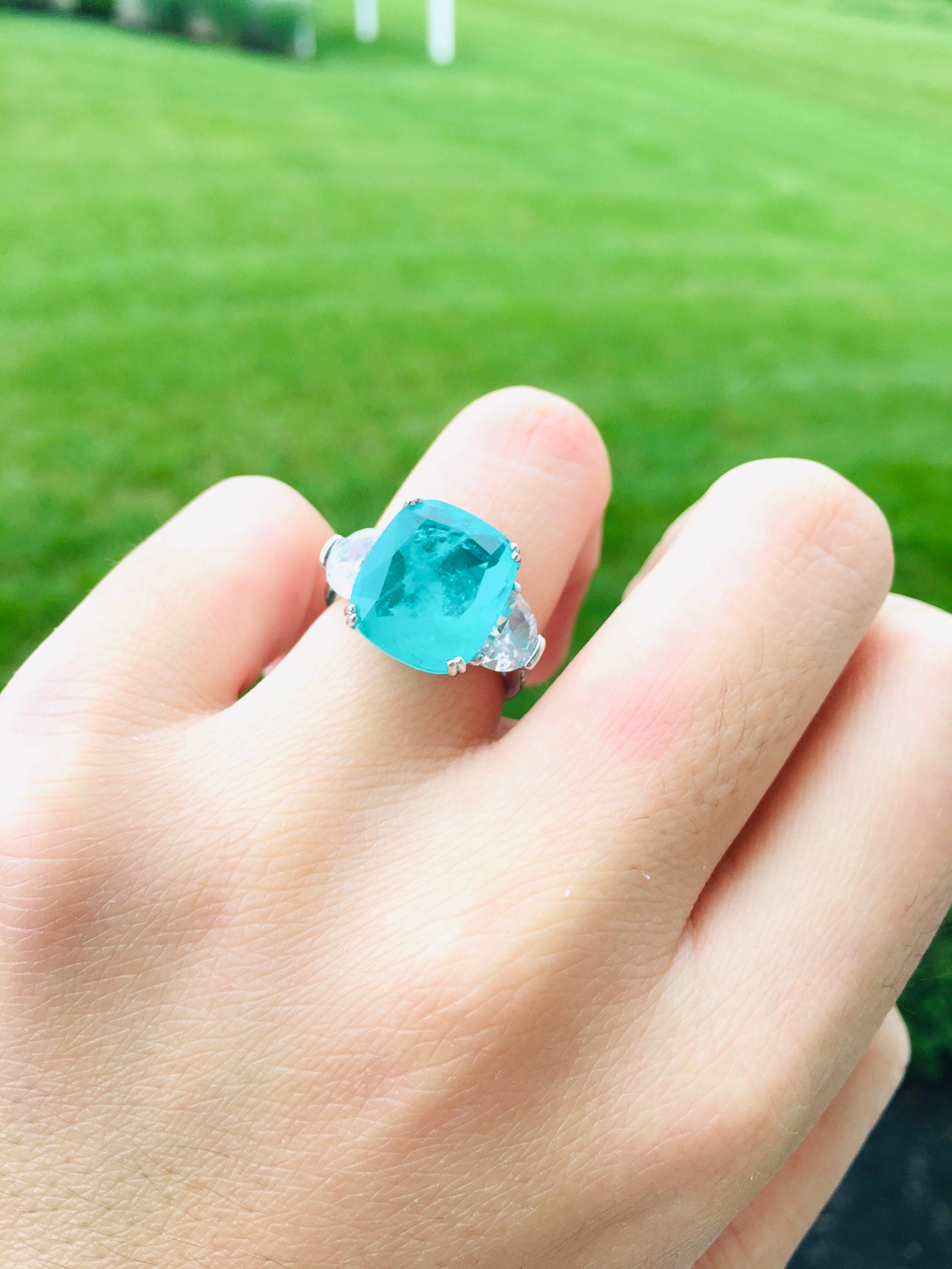 Ocean Blue/paraiba Blue 3 Stone Blue Halo Vintage Ring | Etsy