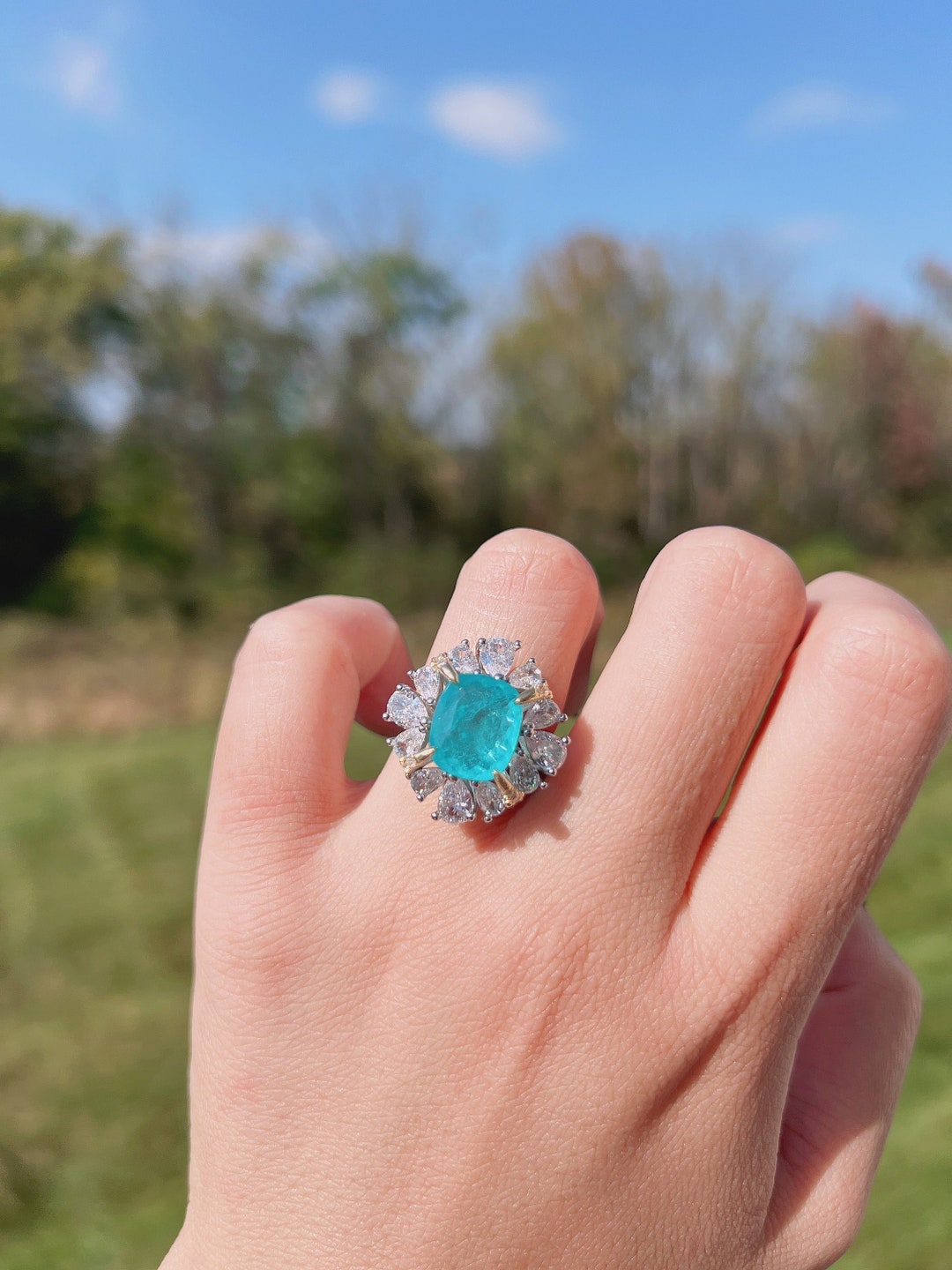 PARAIBA TOURMALINE Blue Halo Vintage Ring, Magnificent Exotic Neon Blue ...