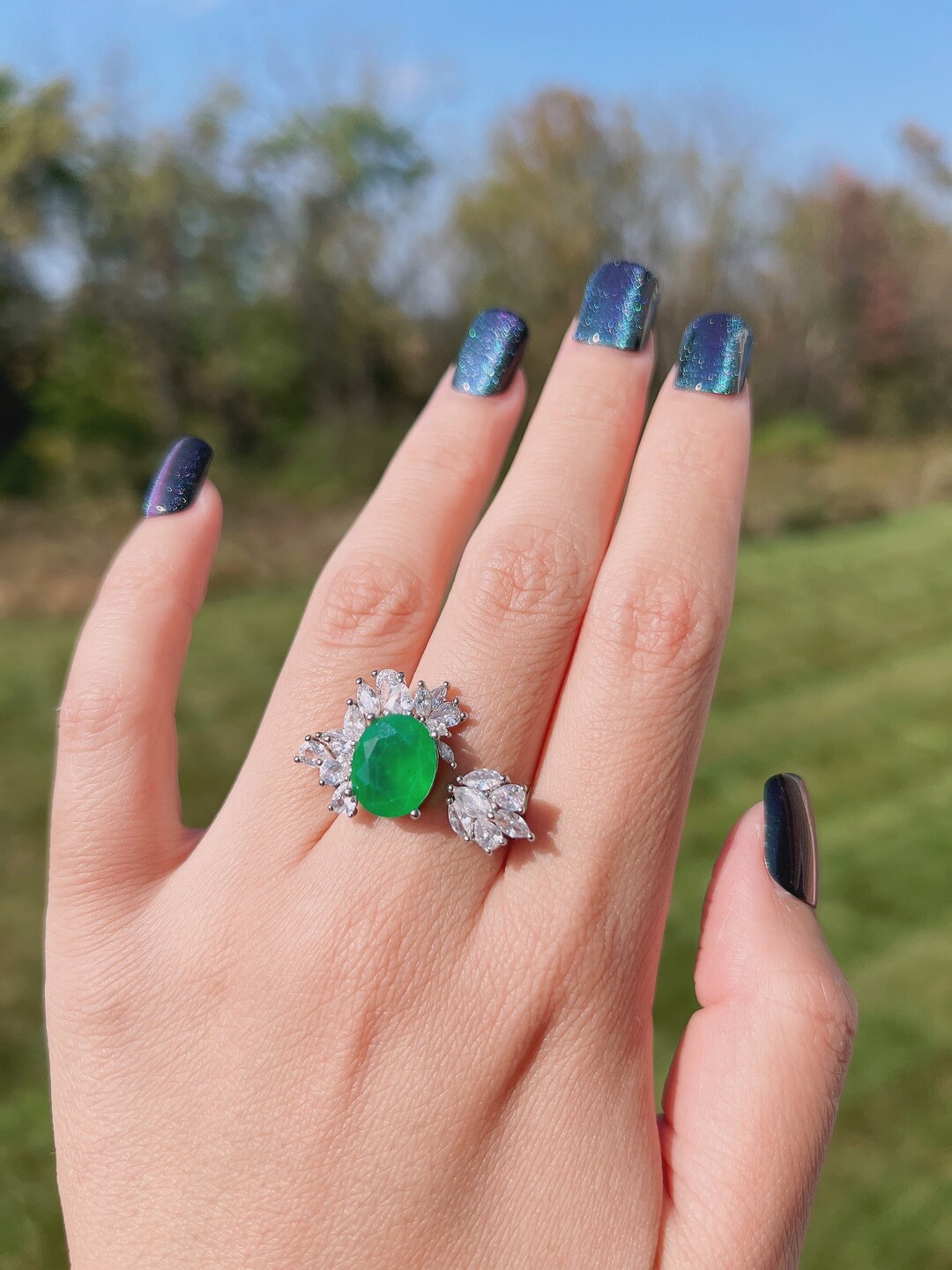 Toi Et Moi EMERALD RING Floarl Luxury Vibrant Green Emerald Halo Ring ...