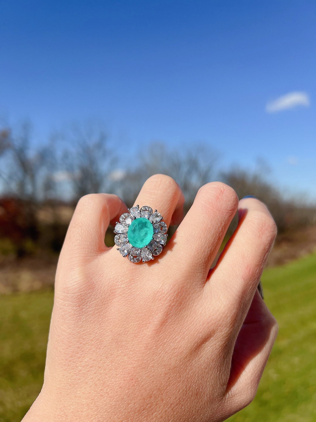 9 Carat Vintage Style PARAIBA Blue Halo Ring, Exotic Neon Vivid Glow ...