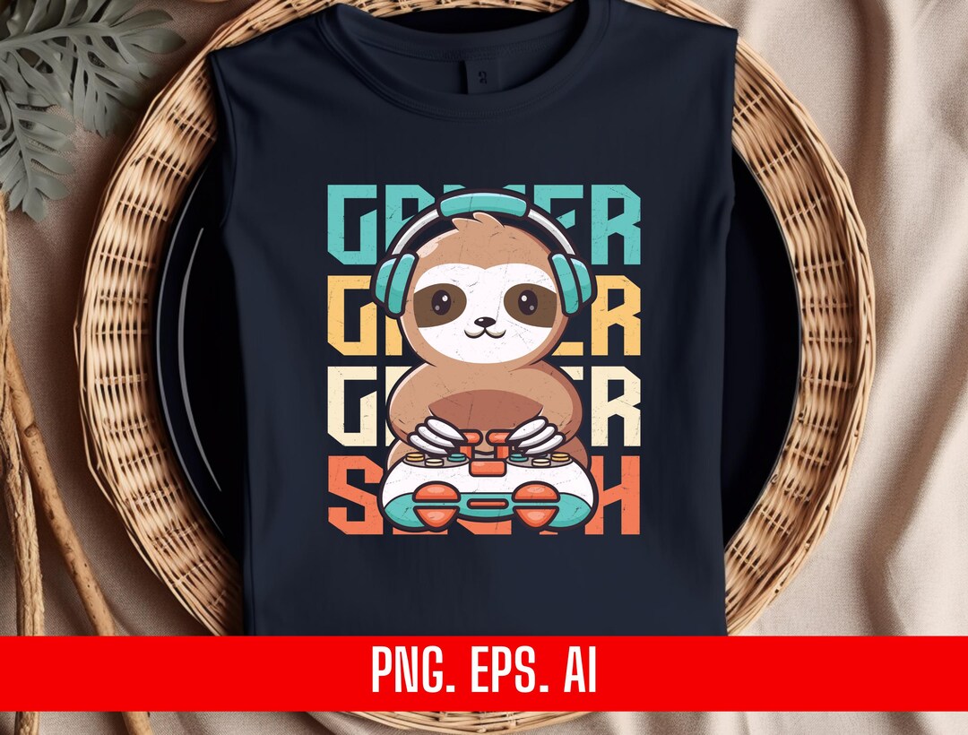 Gamer Sloth Video Games Design Sublimation Printing DTG Tshirt Png Ai ...