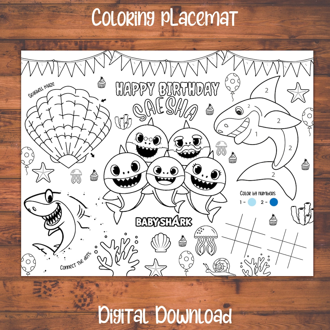 Baby Shark Birthday Coloring Pages, Kids Coloring Placemat, Baby Shark ...