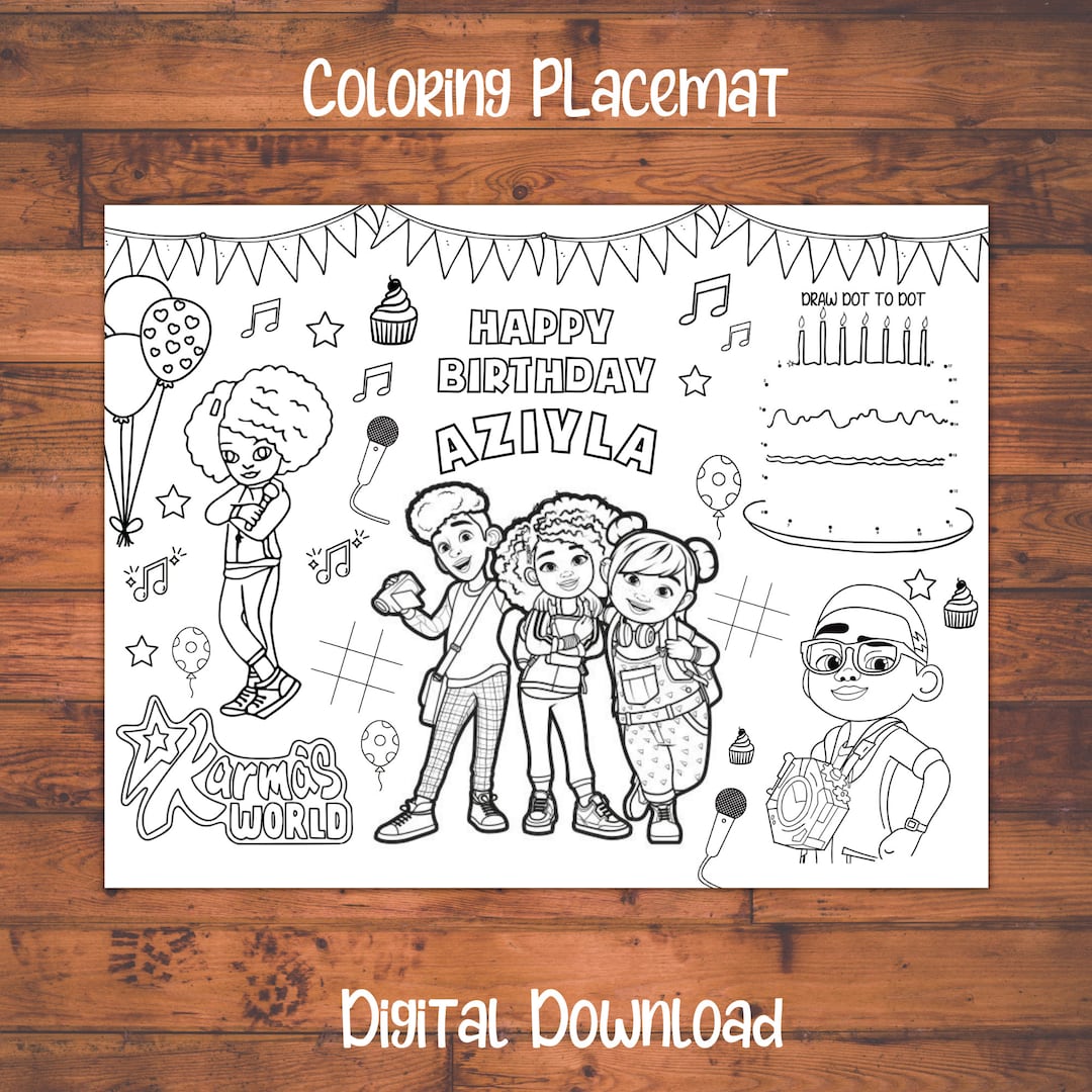 Karma's World Birthday Kid Coloring Placemat, Karma World Party Decor ...