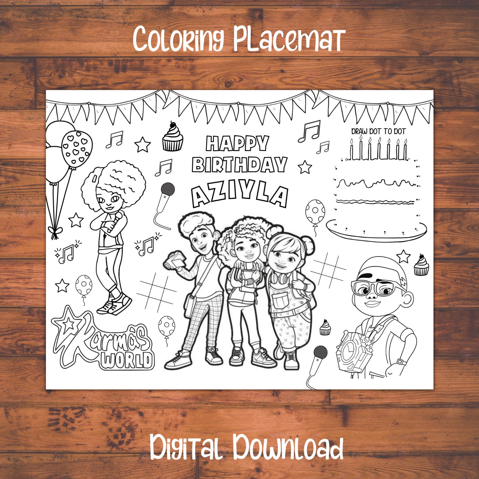 Karma's World Birthday Kid Coloring Placemat, Karma World Party Decor ...