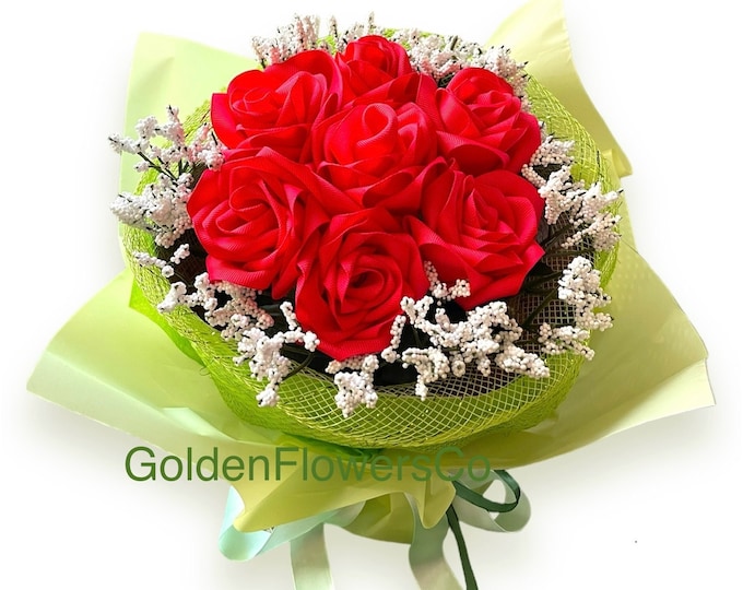 Everlasting Dozen Red and White Ribbon Roses Bouquet Wrapped Hong Kong ...